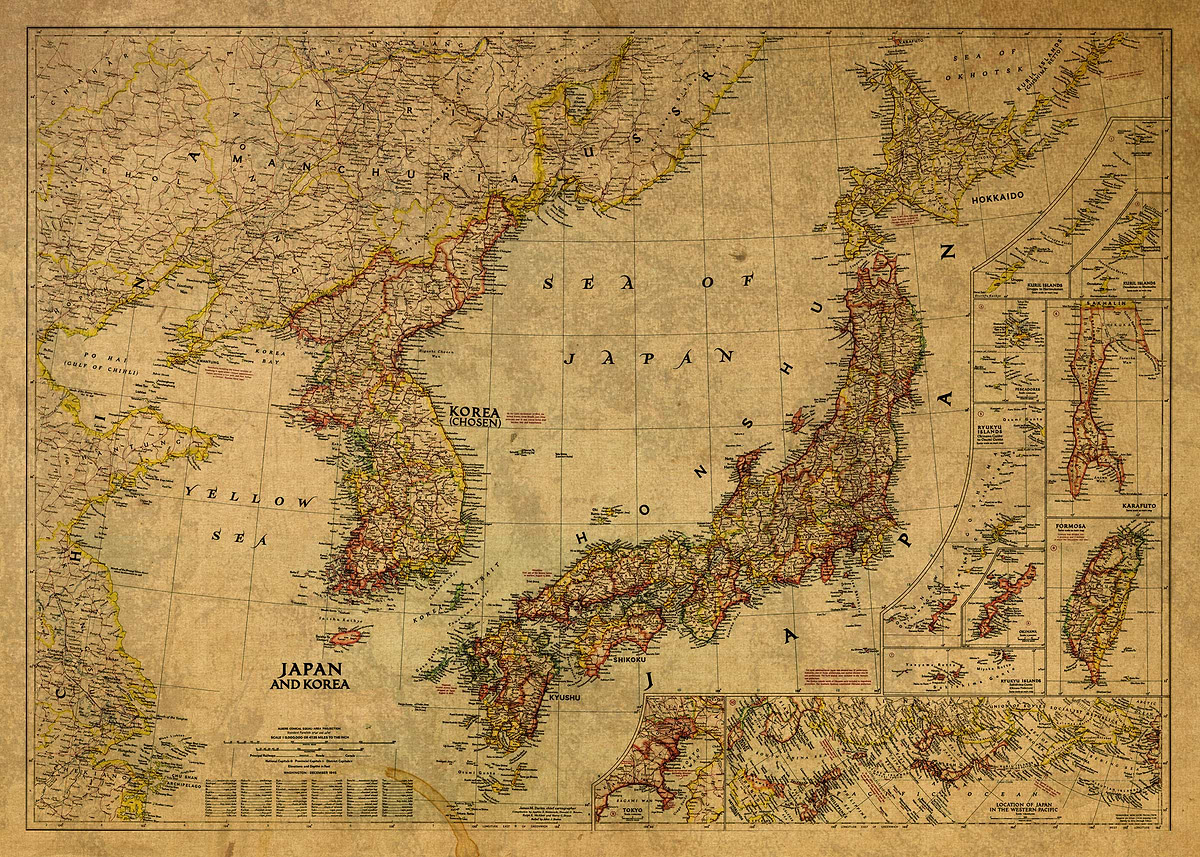 'Vintage Map of Japan 1945' Poster, picture, metal print, paint by ...