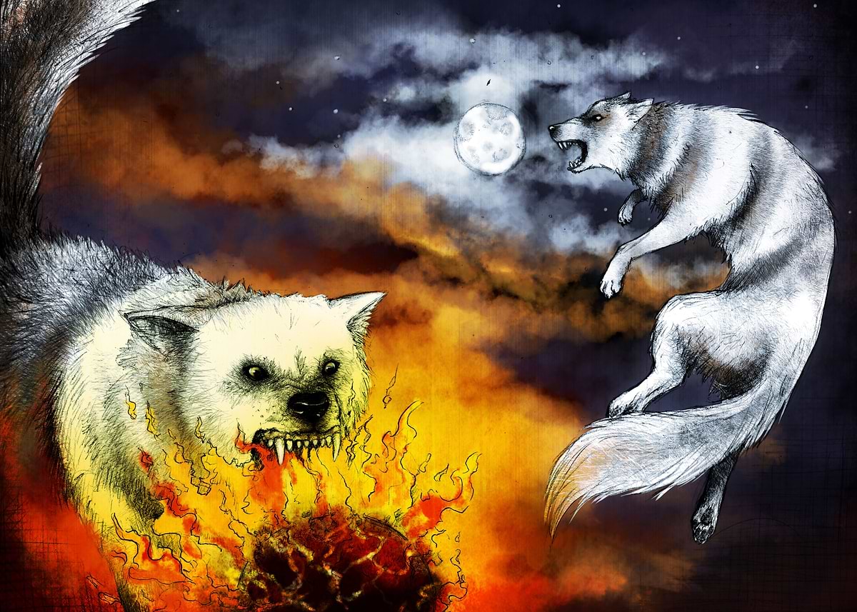 'Hati and Skoll' Poster, picture, metal print, paint by AniaArt | Displate