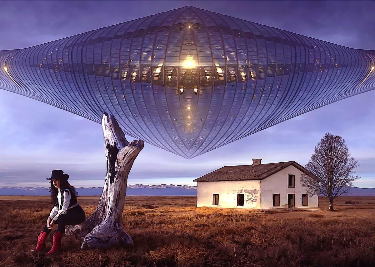 'Woman sitting and ufo' Poster, picture, metal print, paint by Donma ...