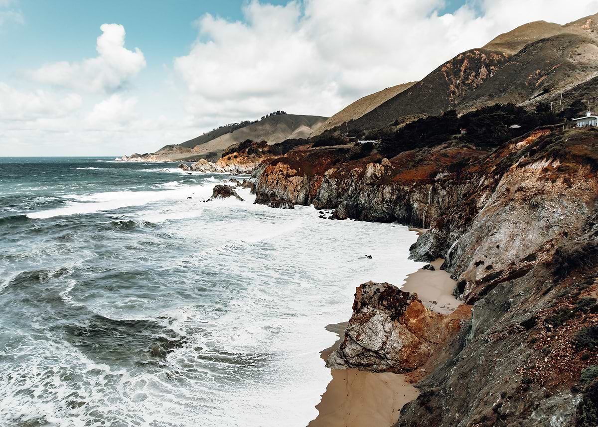 'Ocean Beach at Mountains' Poster, picture, metal print, paint by Max ...