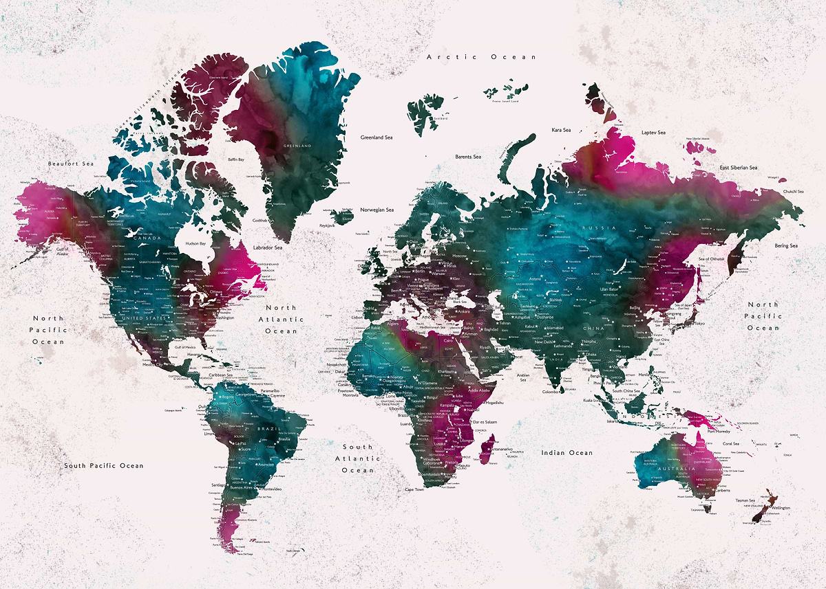 'Detailed world map Iskha' Poster, picture, metal print, paint by ...