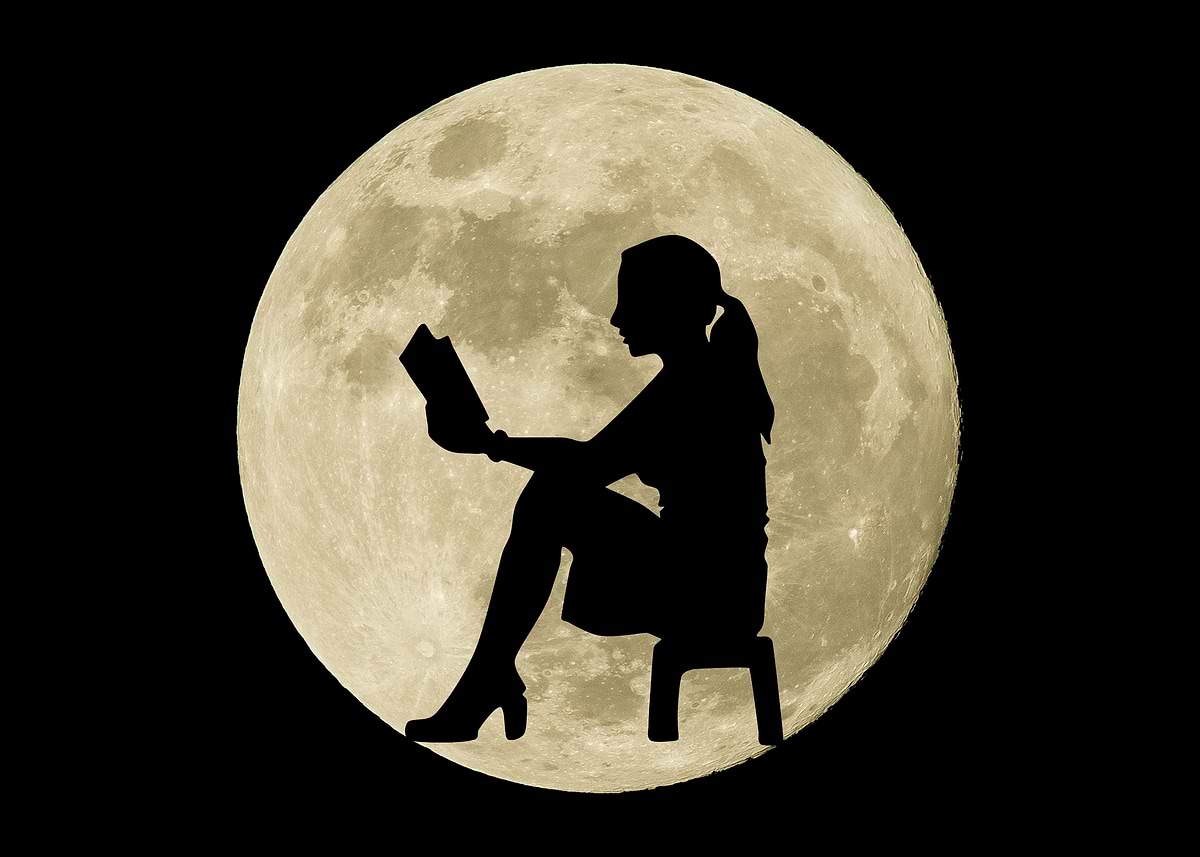 'Full Moon Reading Books' Poster, picture, metal print, paint by ...