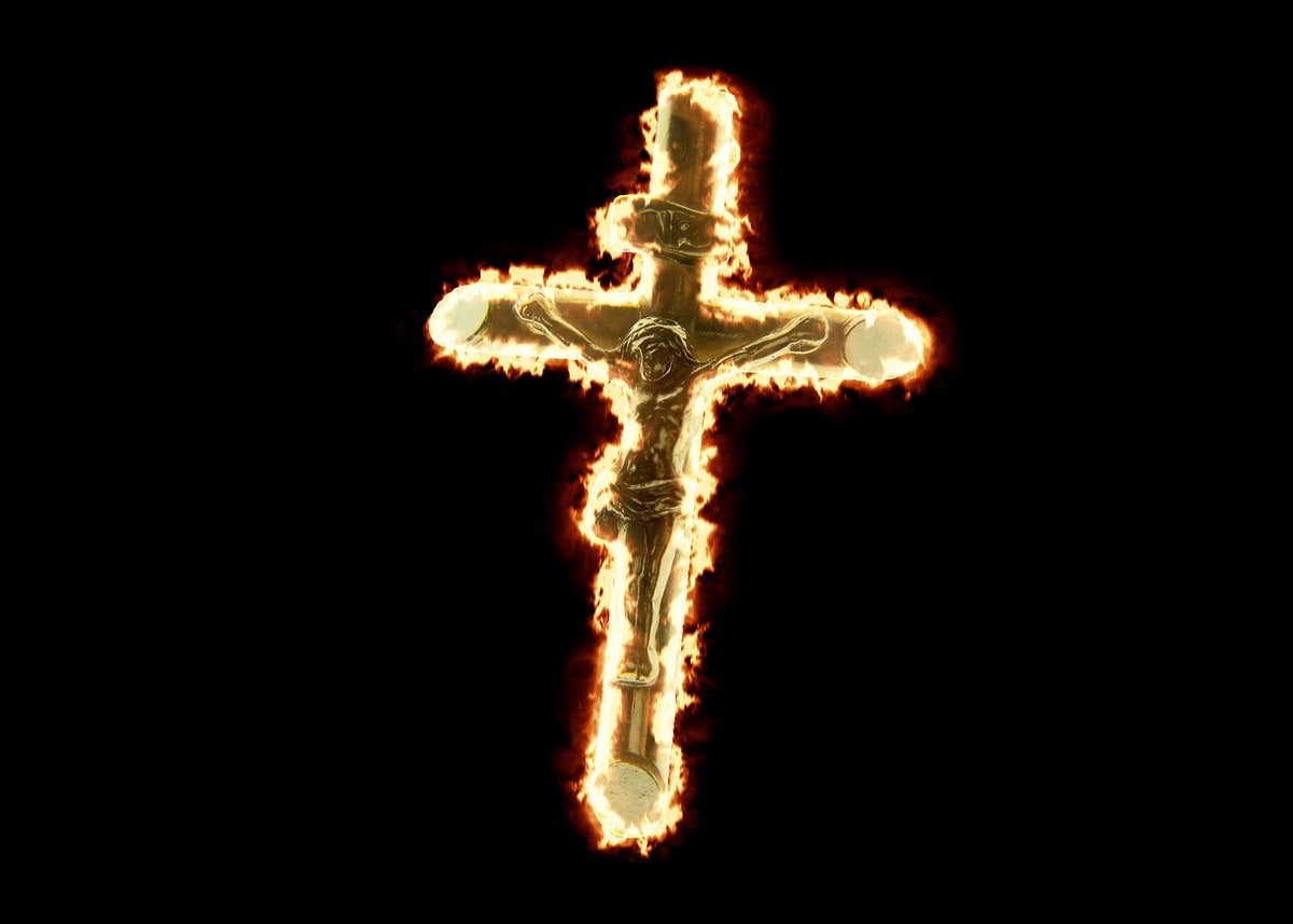 'Christ cross burning fire ' Poster, picture, metal print, paint by ...
