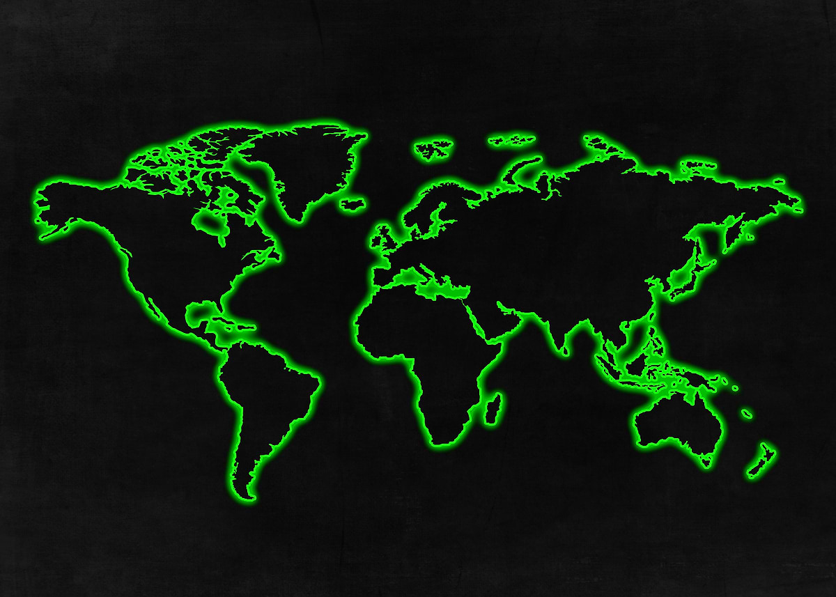 'Neon Green World Map' Poster, picture, metal print, paint by John ...