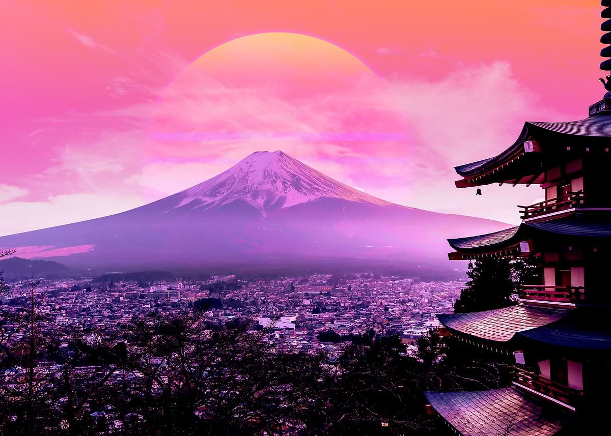 'fuji mountain synthwave' Poster, picture, metal print, paint by ...