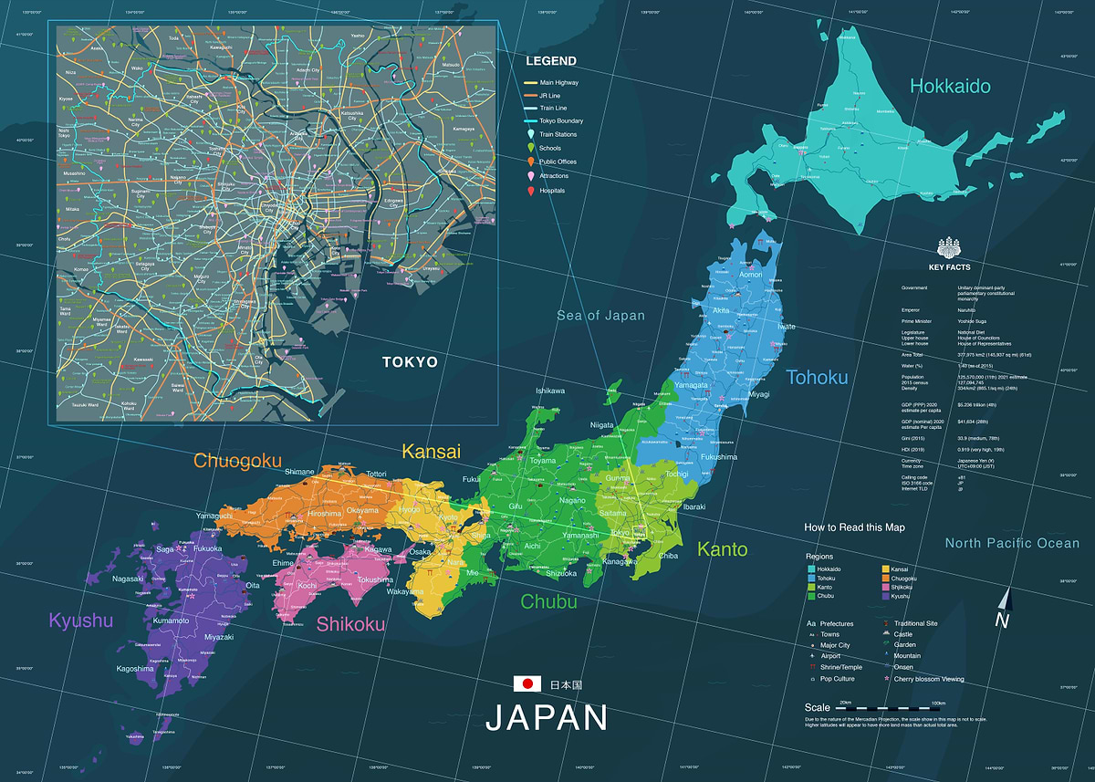 'Map of Japan and Tokyo' Poster, picture, metal print, paint by Leo Hg ...