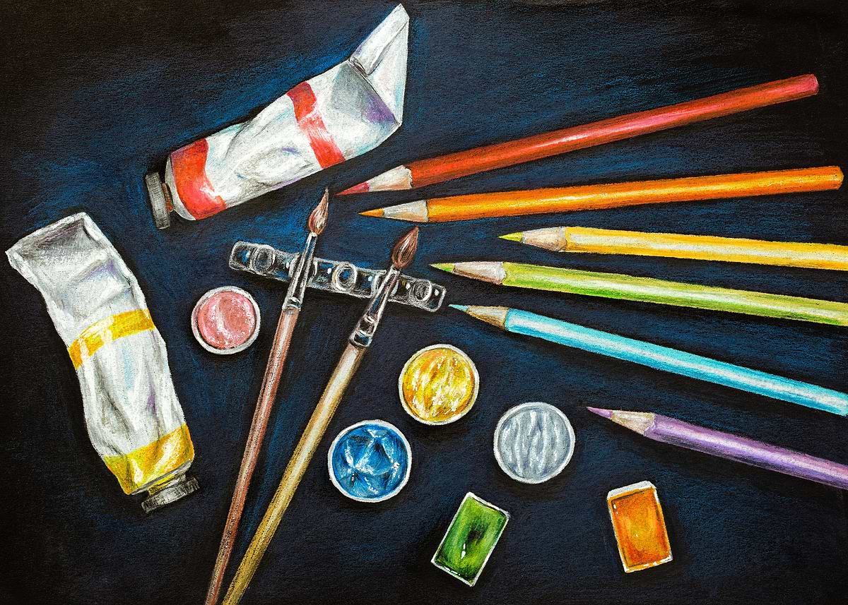 'Art supplies still life' Poster, picture, metal print, paint by ...