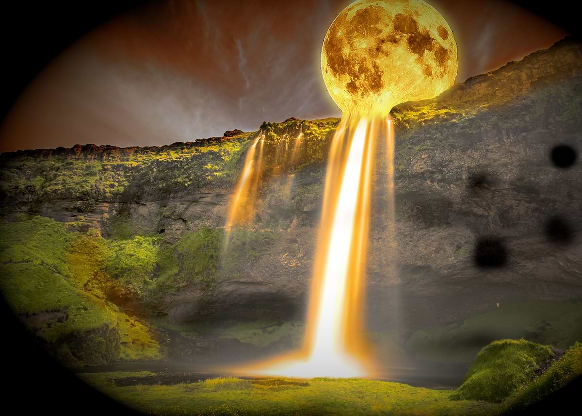 'Moon flowing in waterfall' Poster, picture, metal print, paint by ...