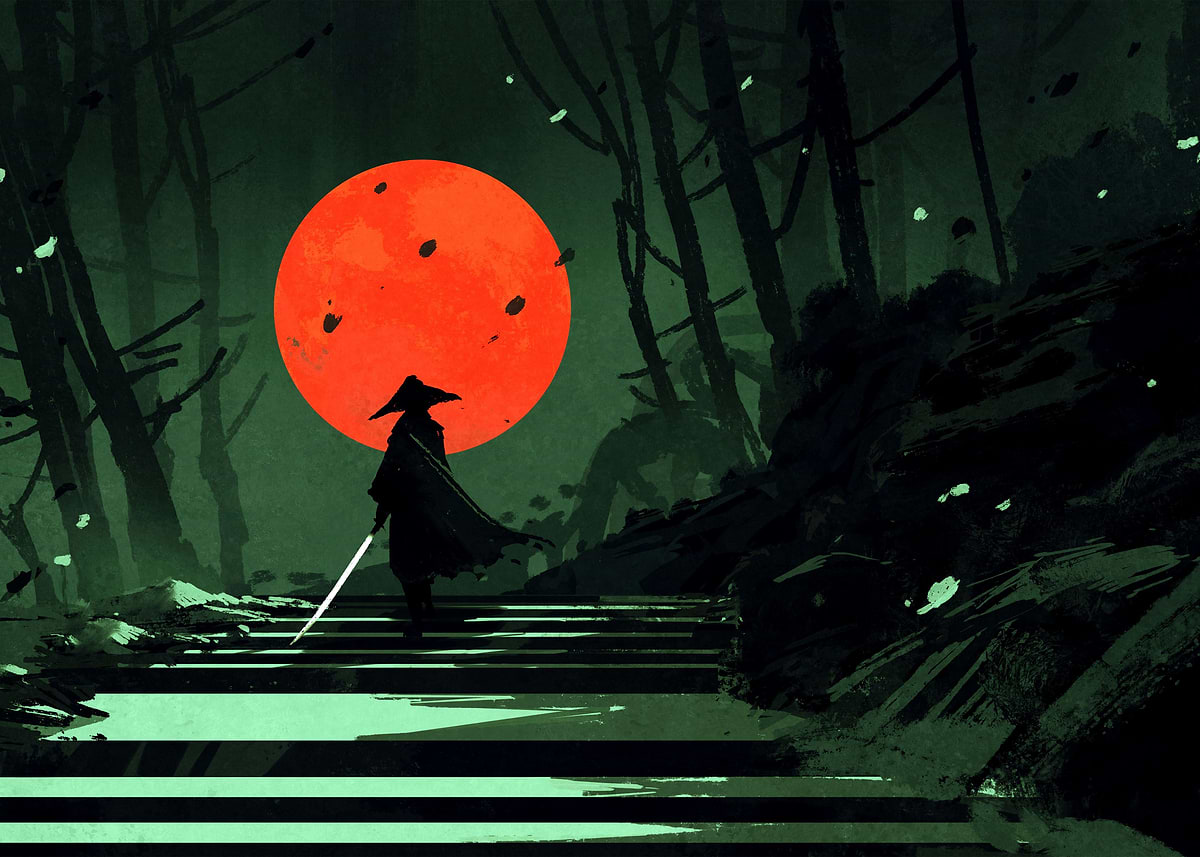 'Red Moon Samurai' Poster, picture, metal print, paint by Michael ...