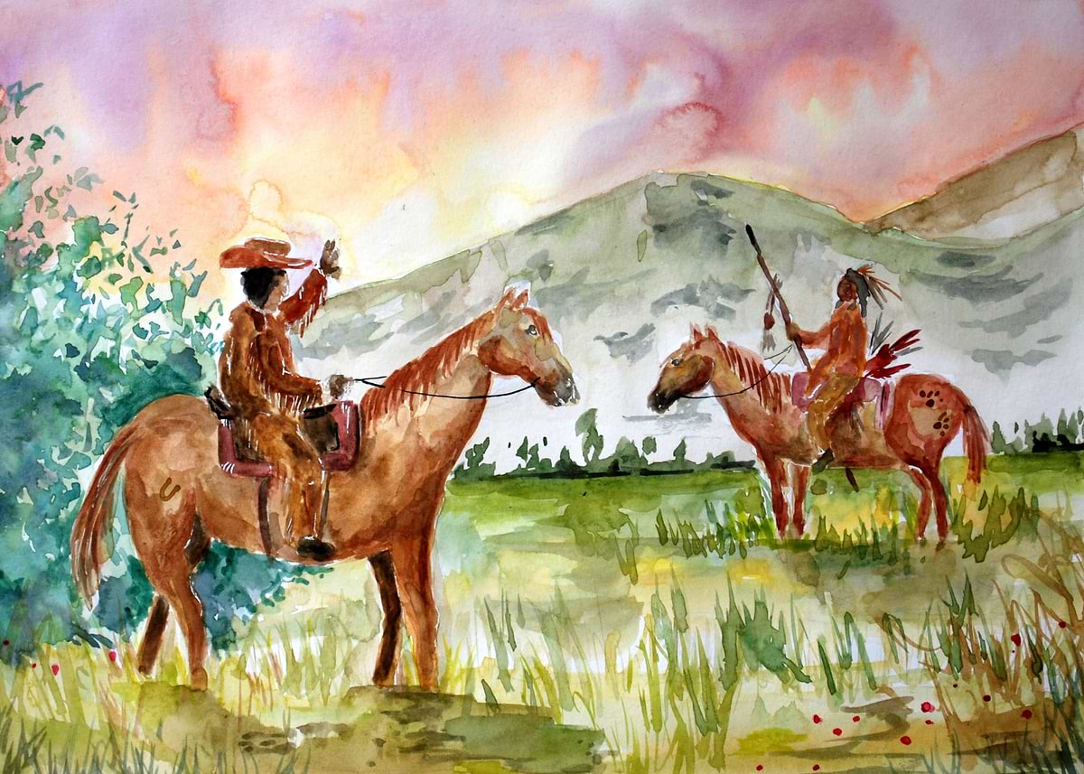 'Cowboy meets Native Indian' Poster, picture, metal print, paint by ...