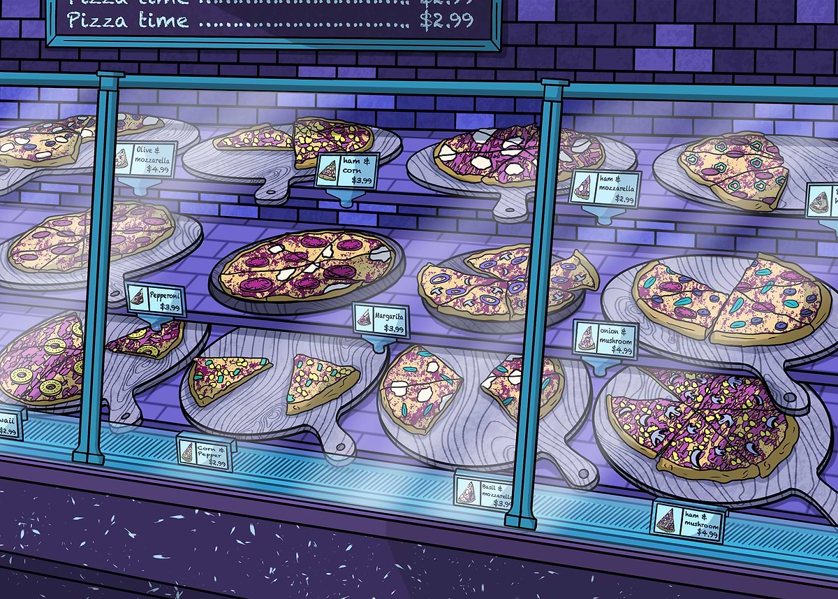 'Pizzas After Closing' Poster, picture, metal print, paint by Fat Rat ...