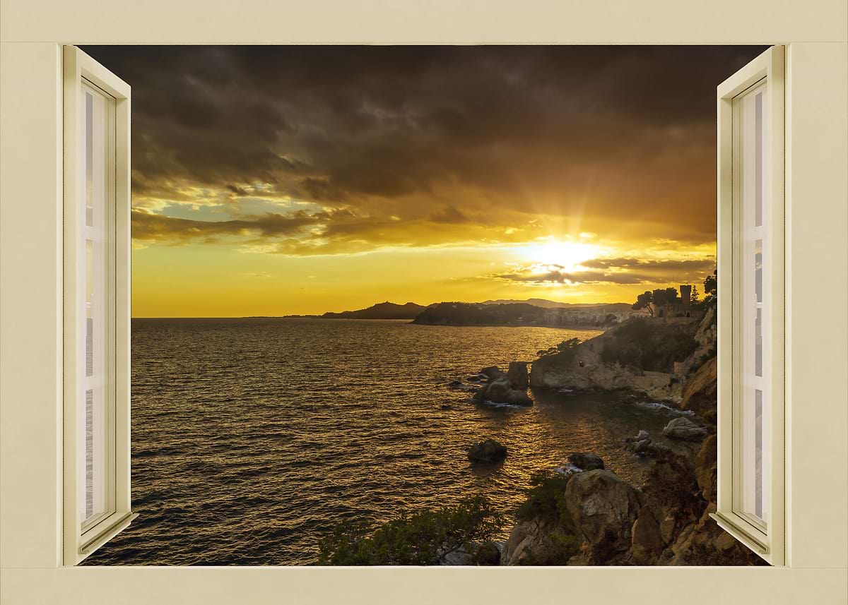 'Open window view sea beach' Poster, picture, metal print, paint by ...
