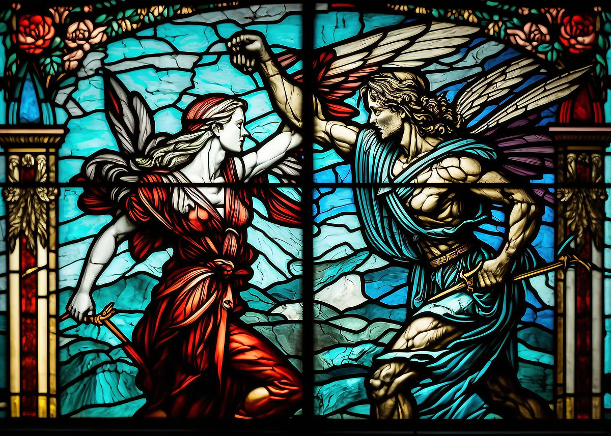 'Stained Glass Fight Scene' Poster, picture, metal print, paint by ...