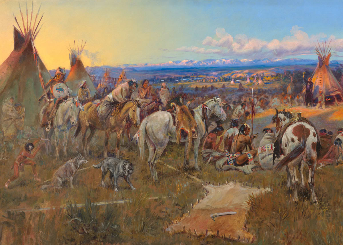 'Indian Settlement At Dawn' Poster, picture, metal print, paint by ...