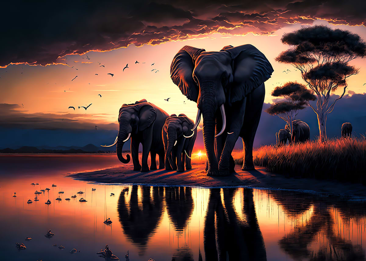 'Elephant sunset' Poster, picture, metal print, paint by Rida Santos ...