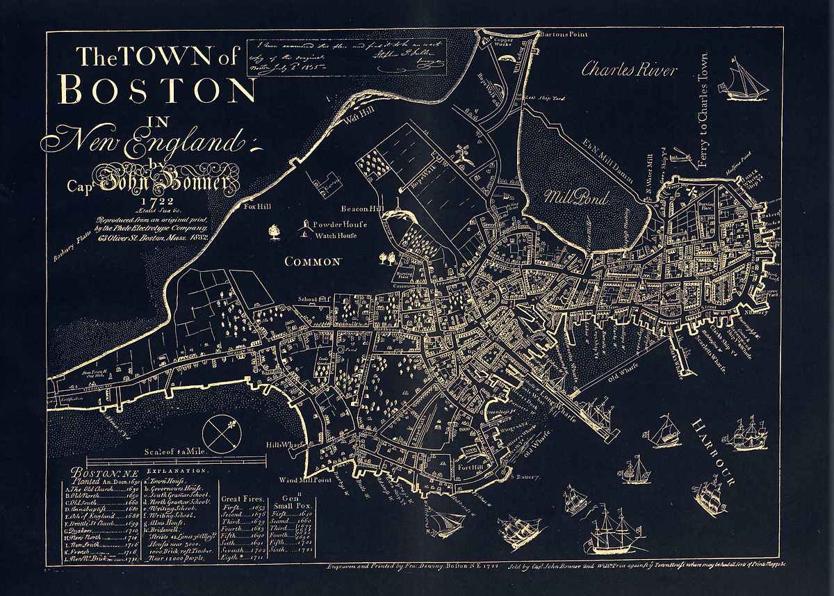 'Boston black gold map' Poster, picture, metal print, paint by Vardi ...
