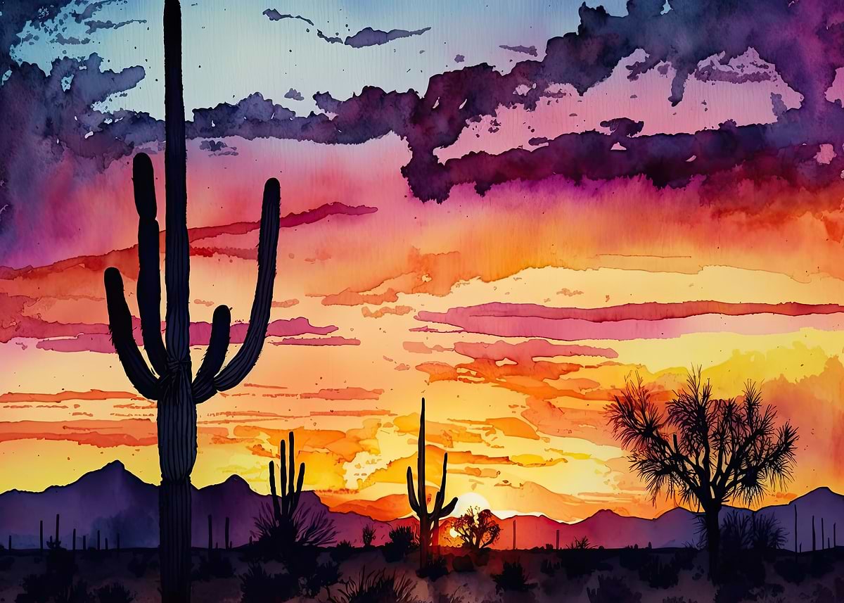 'Desert Watercolor Sunset' Poster, picture, metal print, paint by Nick ...