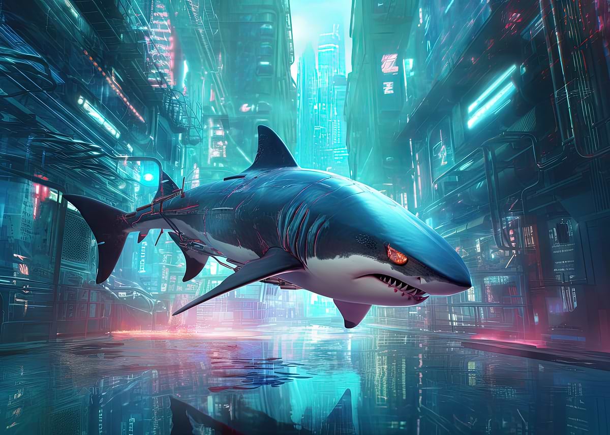 'Neon Fins' Poster, picture, metal print, paint by Cosmic Graphics ...