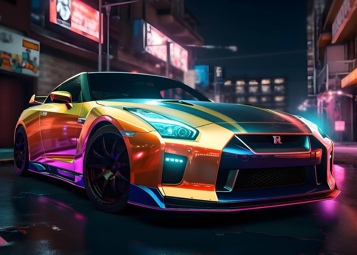 'Nissan GTR Neon ' Poster, picture, metal print, paint by ...
