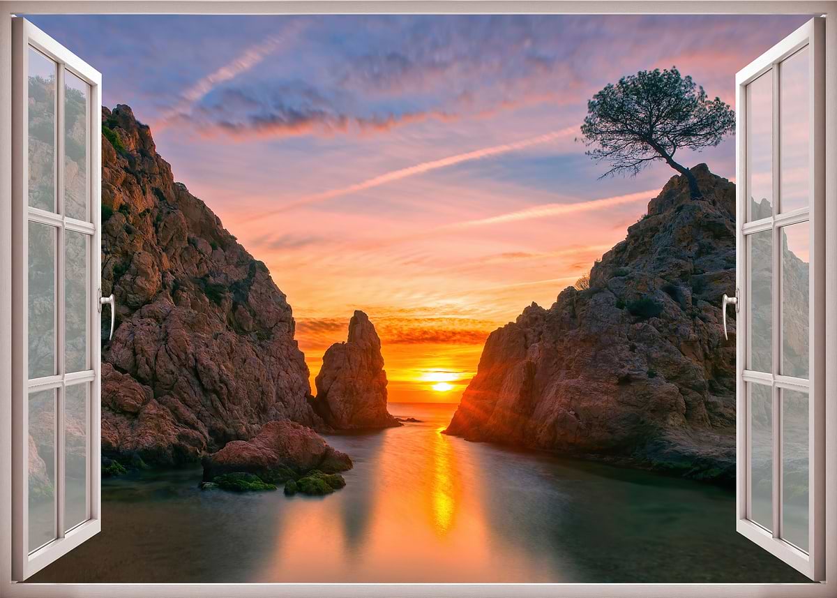 'Window view beach sunset' Poster, picture, metal print, paint by Vicen ...