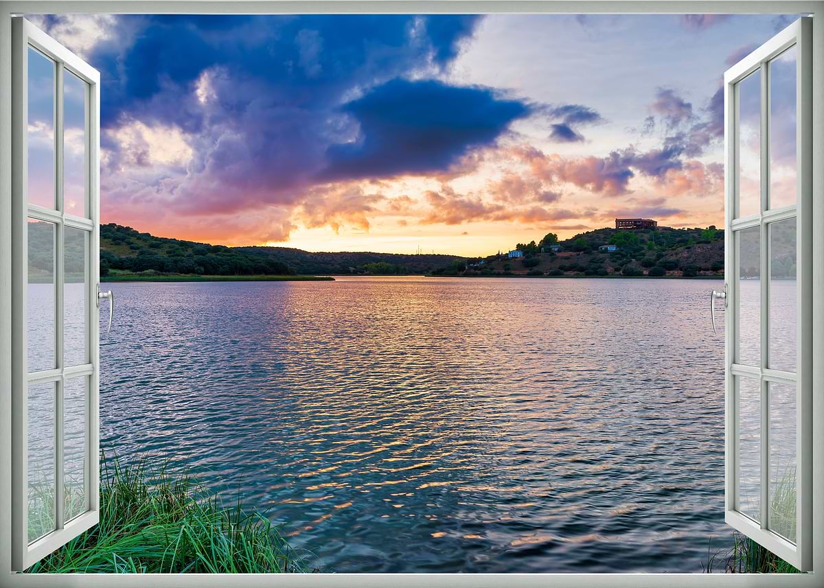 'Window view lake sunset' Poster, picture, metal print, paint by Vicen ...