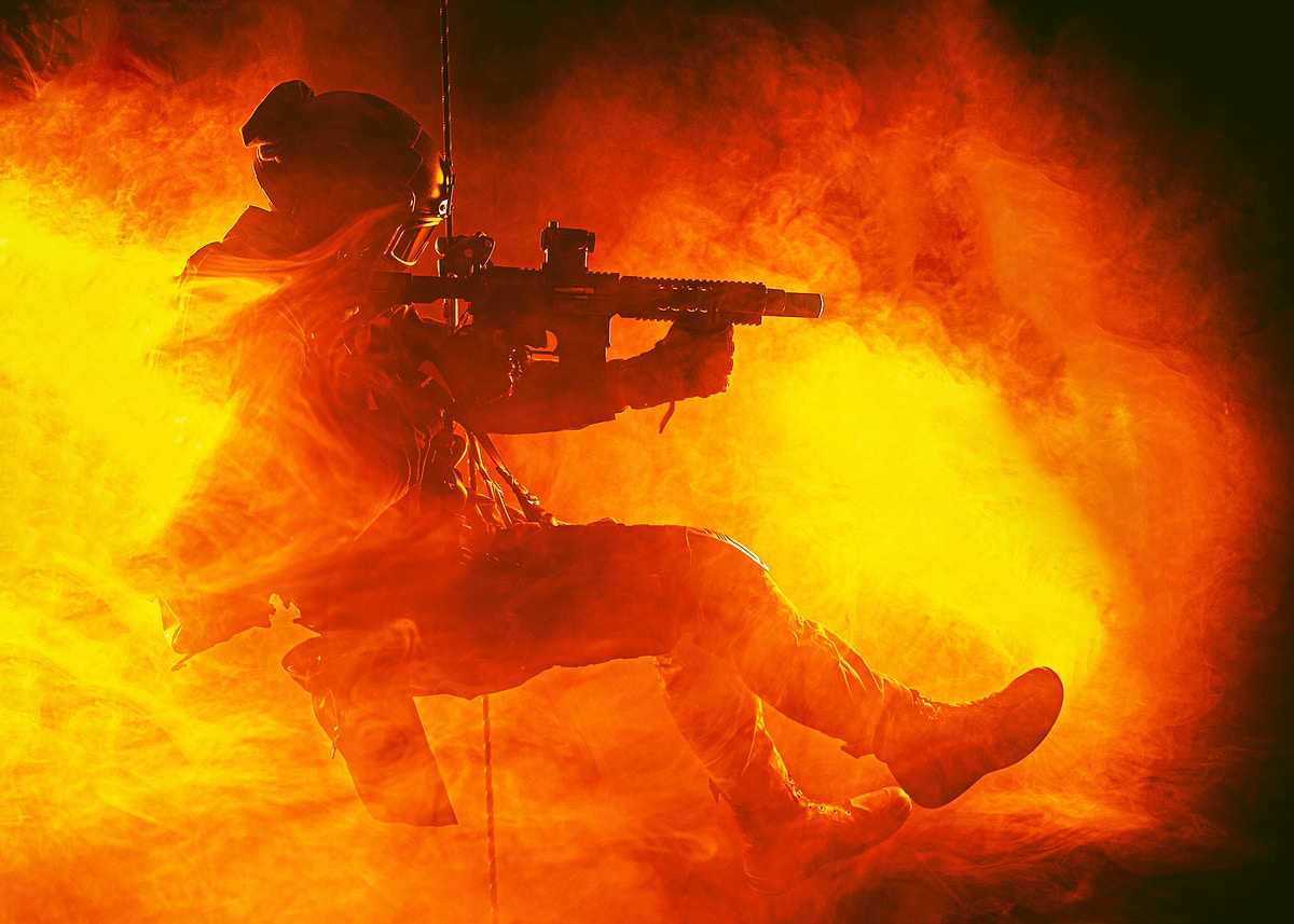 'Rappeller in the fire' Poster, picture, metal print, paint by ...