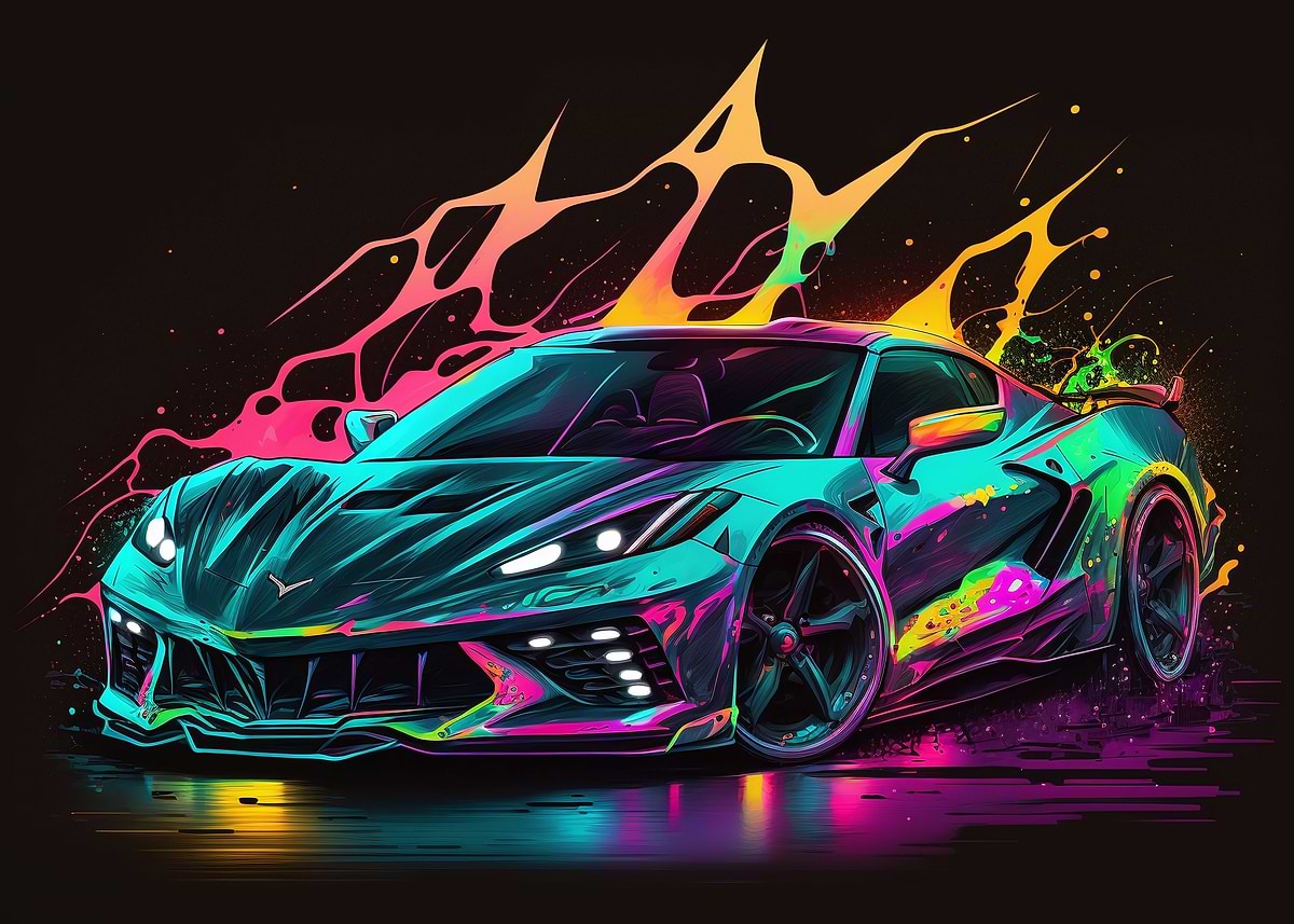 'Neon Painted Corvette C8' Poster, picture, metal print, paint by ...