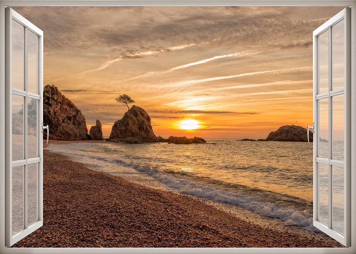 'Window view sunset beach' Poster, picture, metal print, paint by Vicen ...