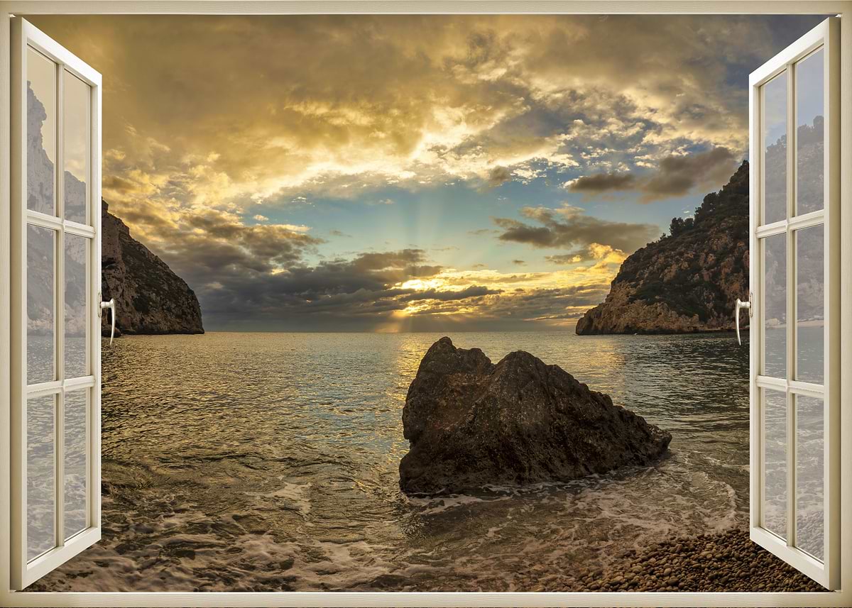 'Window view beach sunset' Poster, picture, metal print, paint by Vicen ...