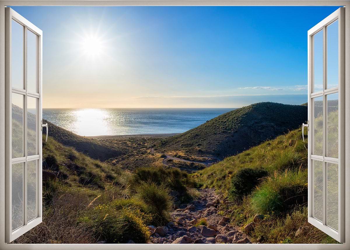 'Window view beach coastal' Poster, picture, metal print, paint by ...