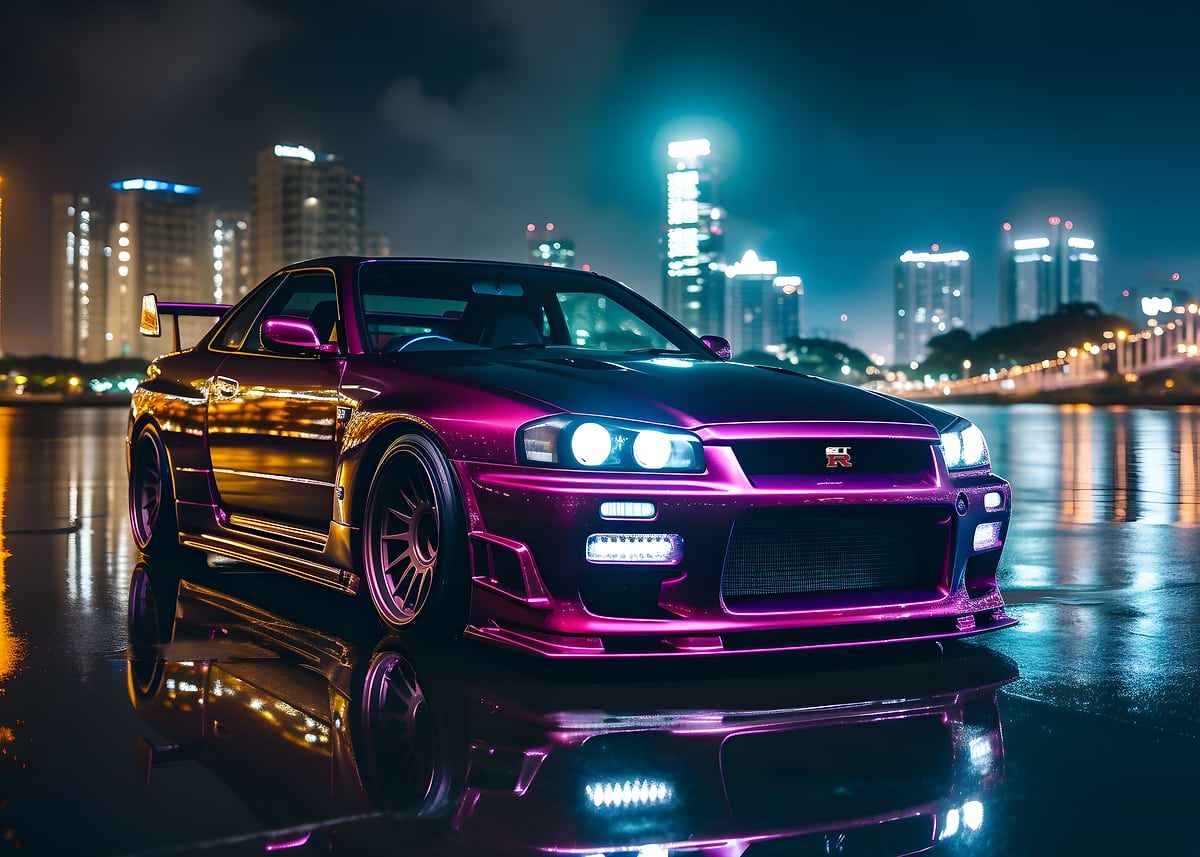 'NISSAN Skyline R34 Neon' Poster, picture, metal print, paint by ...