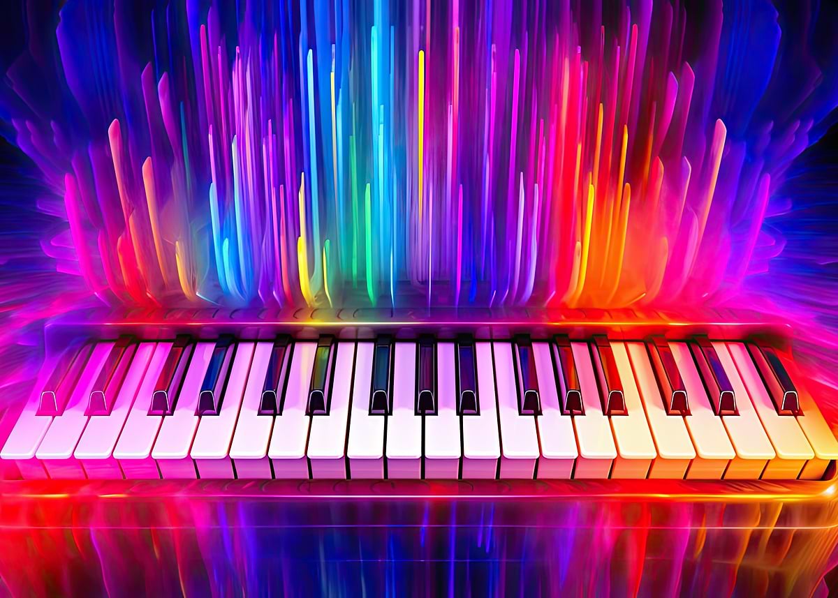 'Electric Neon Piano Keys' Poster, picture, metal print, paint by An ...