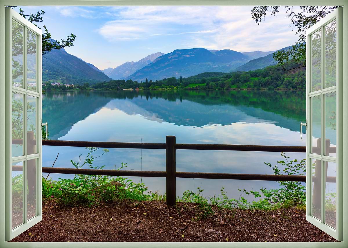 'Window view lake landscape' Poster, picture, metal print, paint by ...