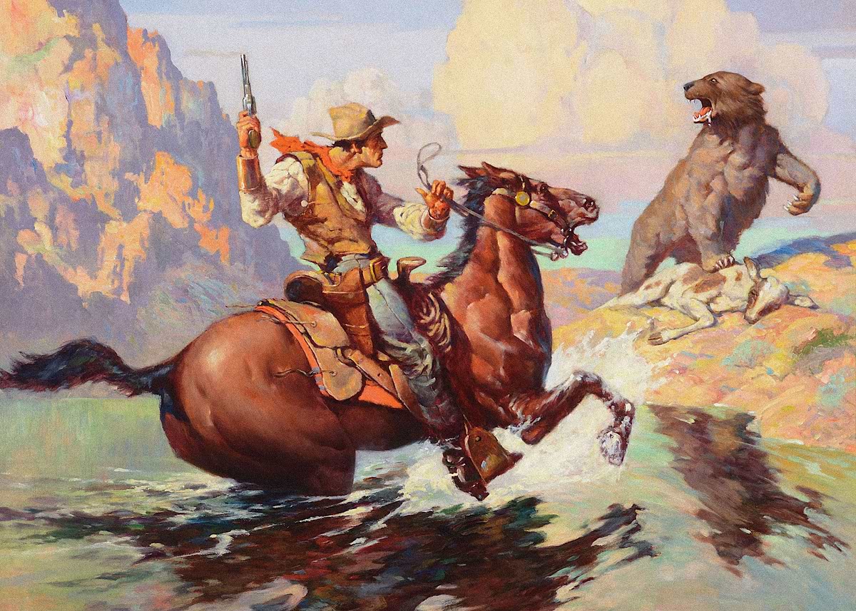 'Cowboy Hunting Grizzly ' Poster, picture, metal print, paint by ...