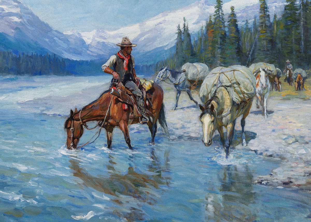 'Cowboys Crossing The River' Poster, picture, metal print, paint by ...