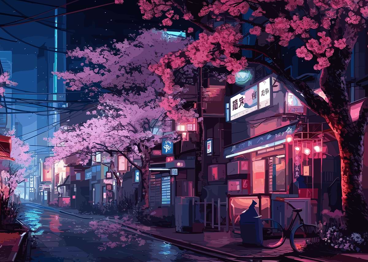 'Neon Tokyo Sakura Street' Poster, picture, metal print, paint by Peter ...