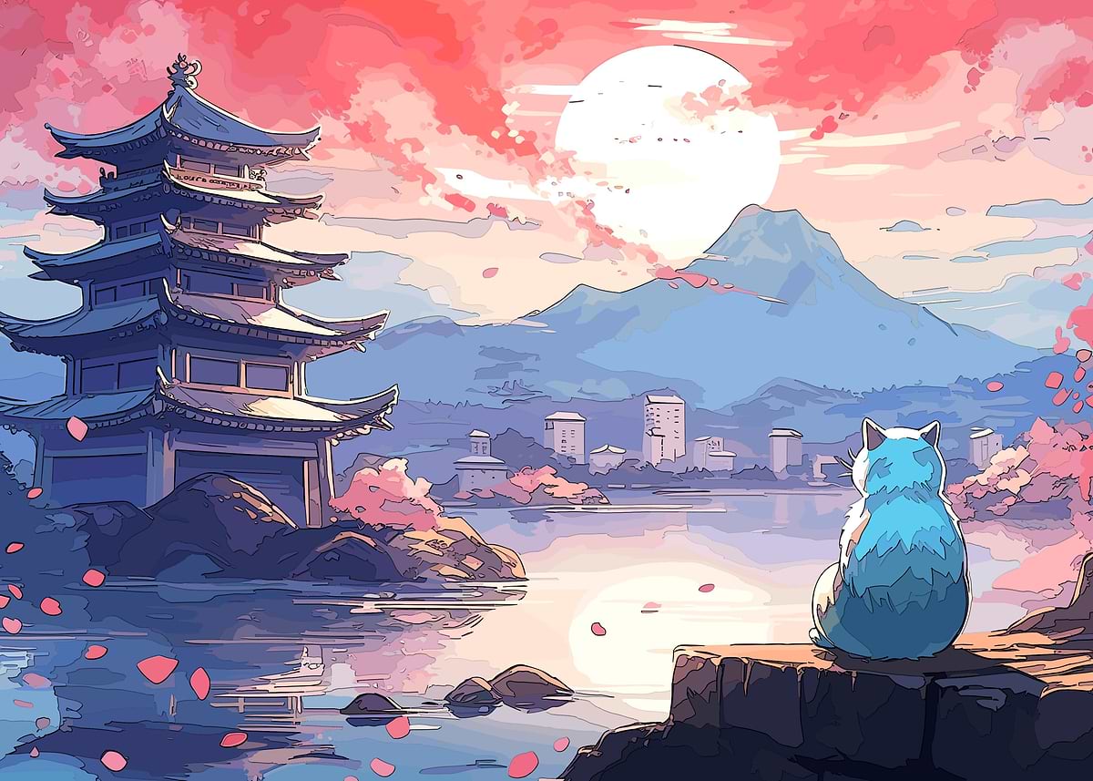 'cat japanese landscape' Poster, picture, metal print, paint by ...