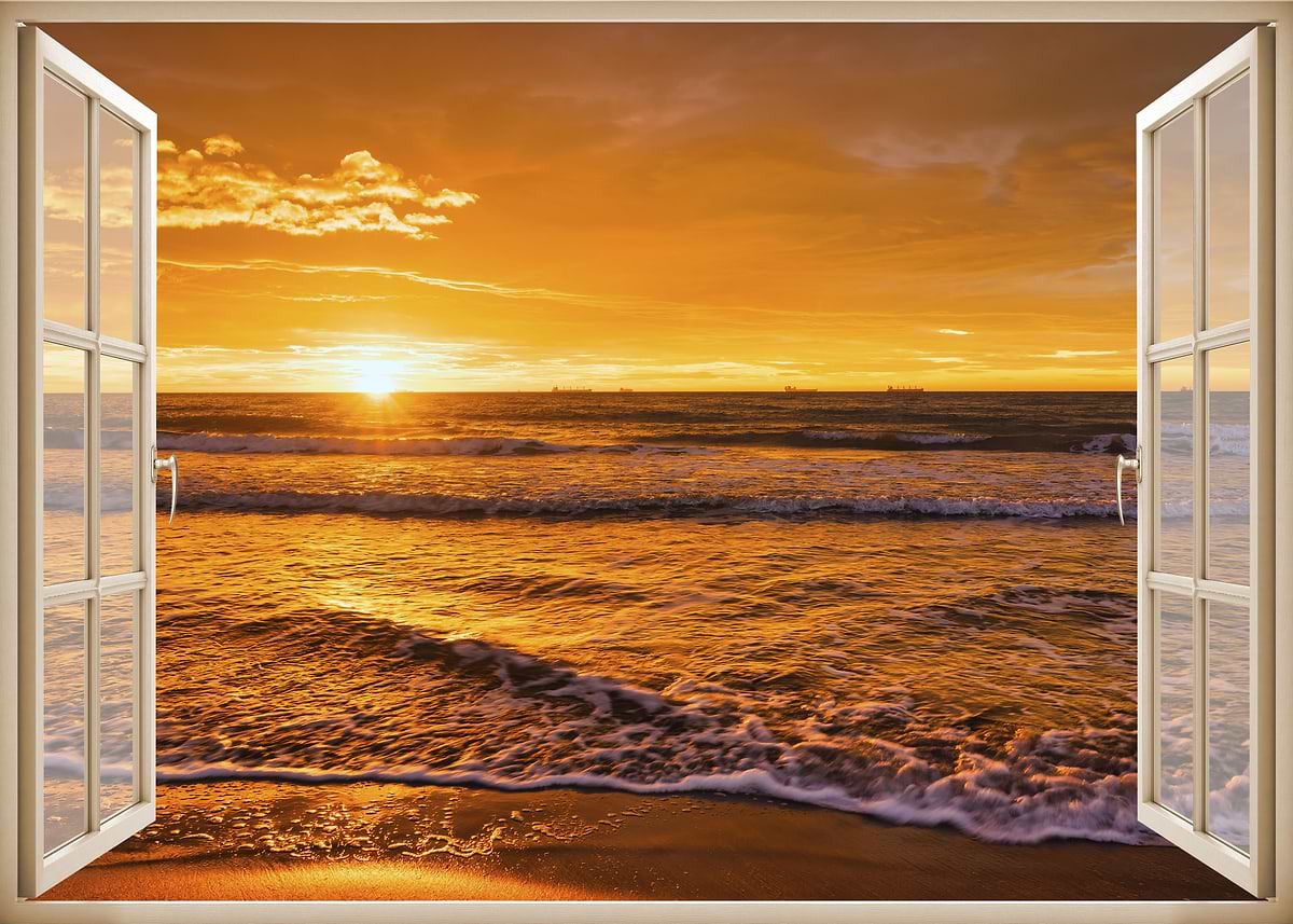 'Window view beach sunset' Poster, picture, metal print, paint by Vicen ...