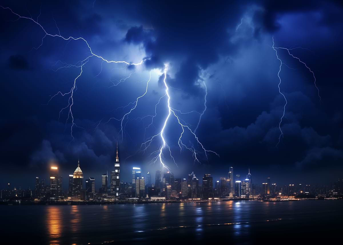 'Lightning Bolt Over City' Poster, picture, metal print, paint by ...