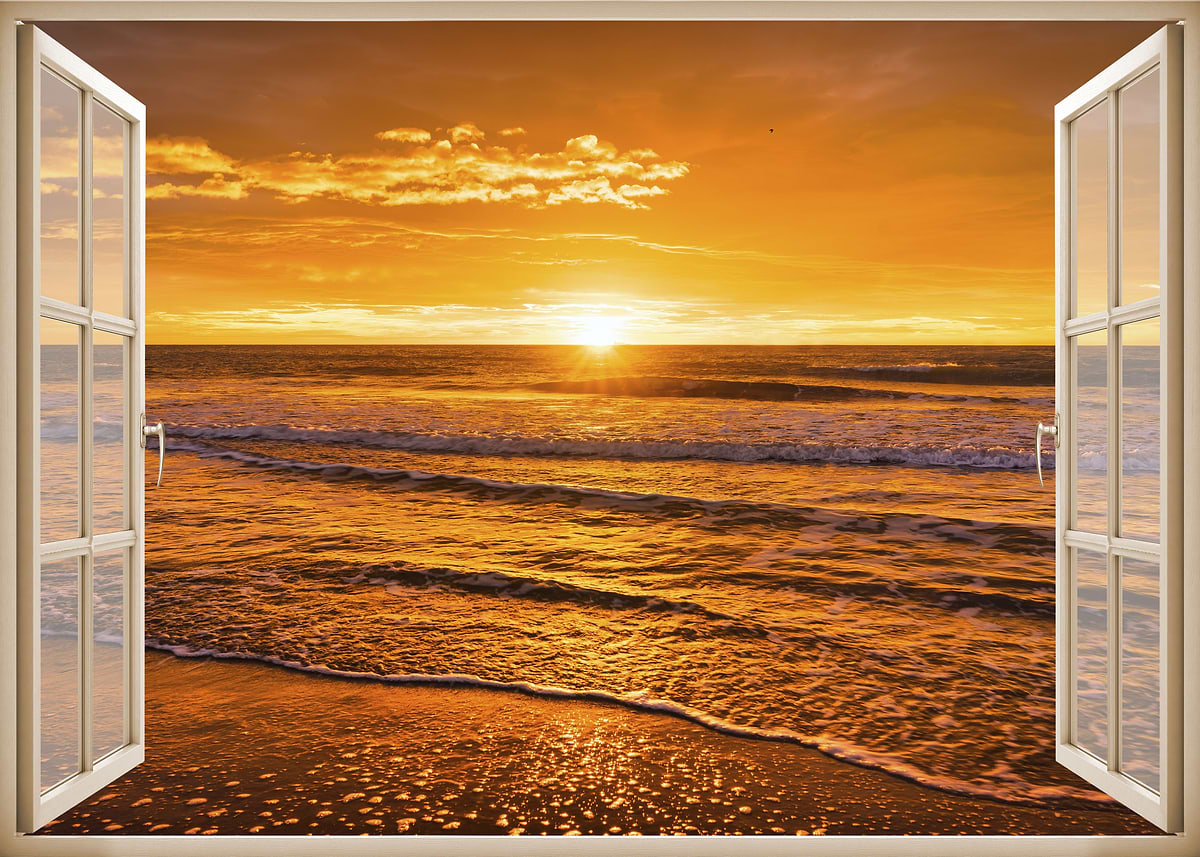 'Window view beach sunset' Poster, picture, metal print, paint by Vicen ...