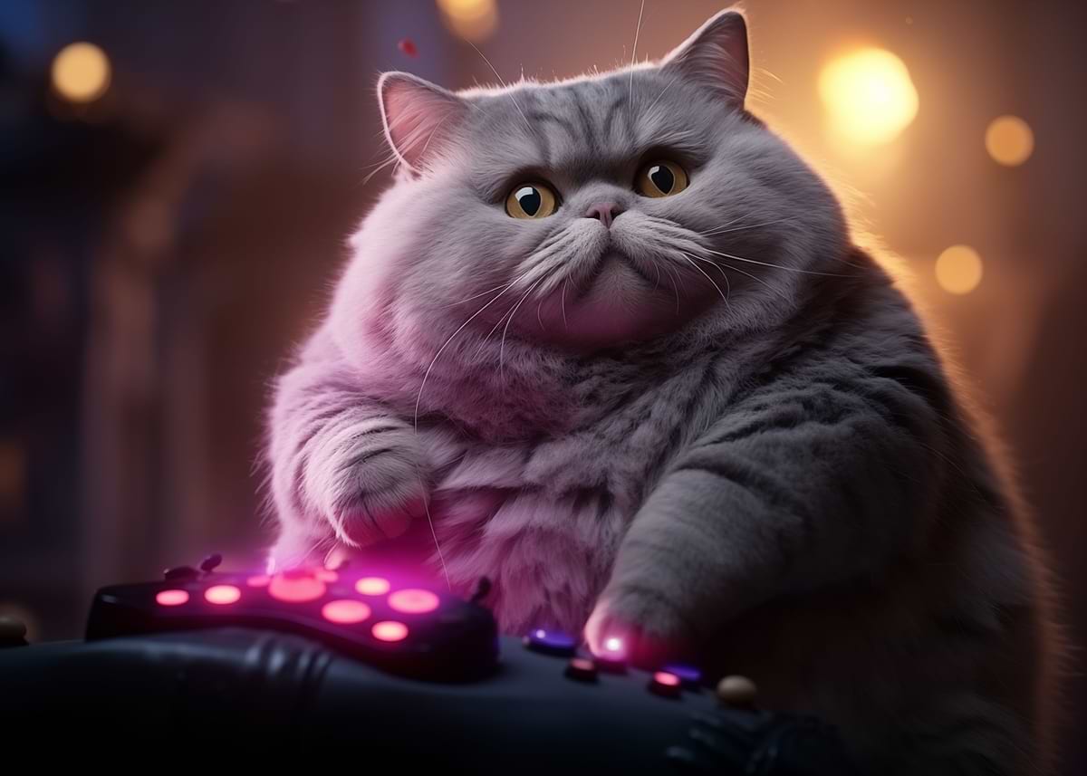 'Fat Cat Playing Video Game' Poster, picture, metal print, paint by ...