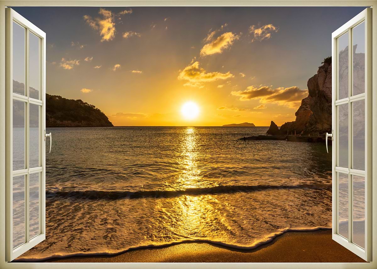 'Open window view sea beach' Poster, picture, metal print, paint by ...