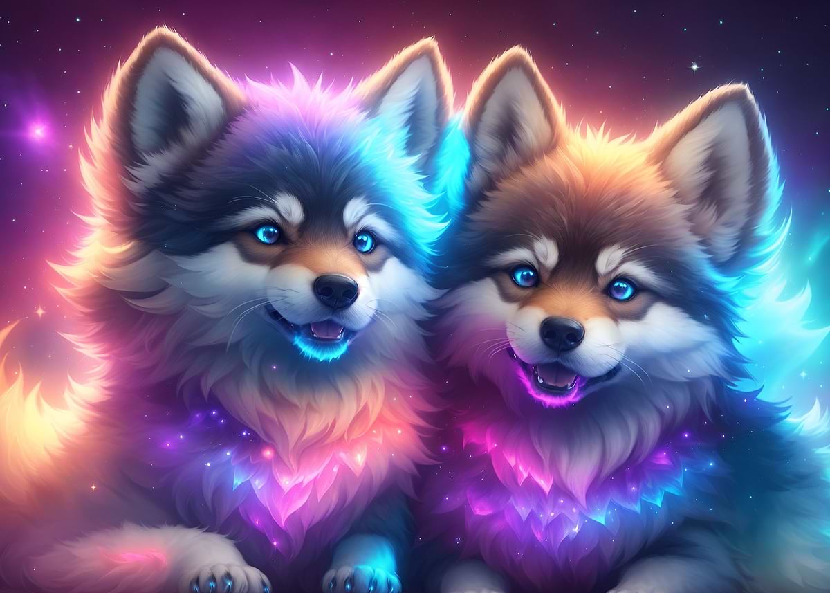 'Colorful wolf cubs' Poster, picture, metal print, paint by Below ...
