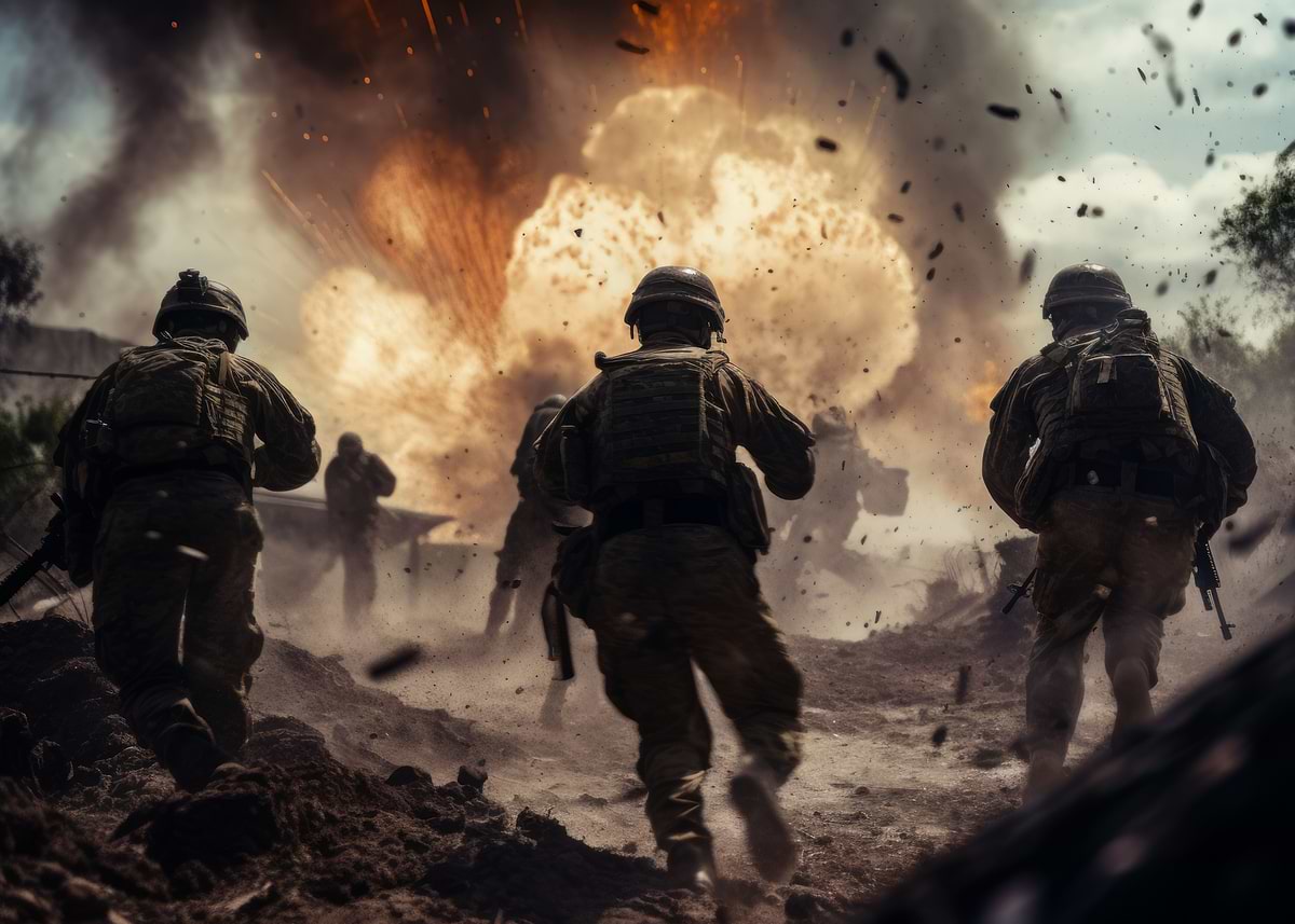 'Soldiers on battlefield' Poster, picture, metal print, paint by ...