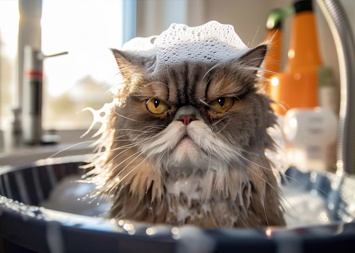 'A Grumpy Cat Taking a Bath' Poster, picture, metal print, paint by ...