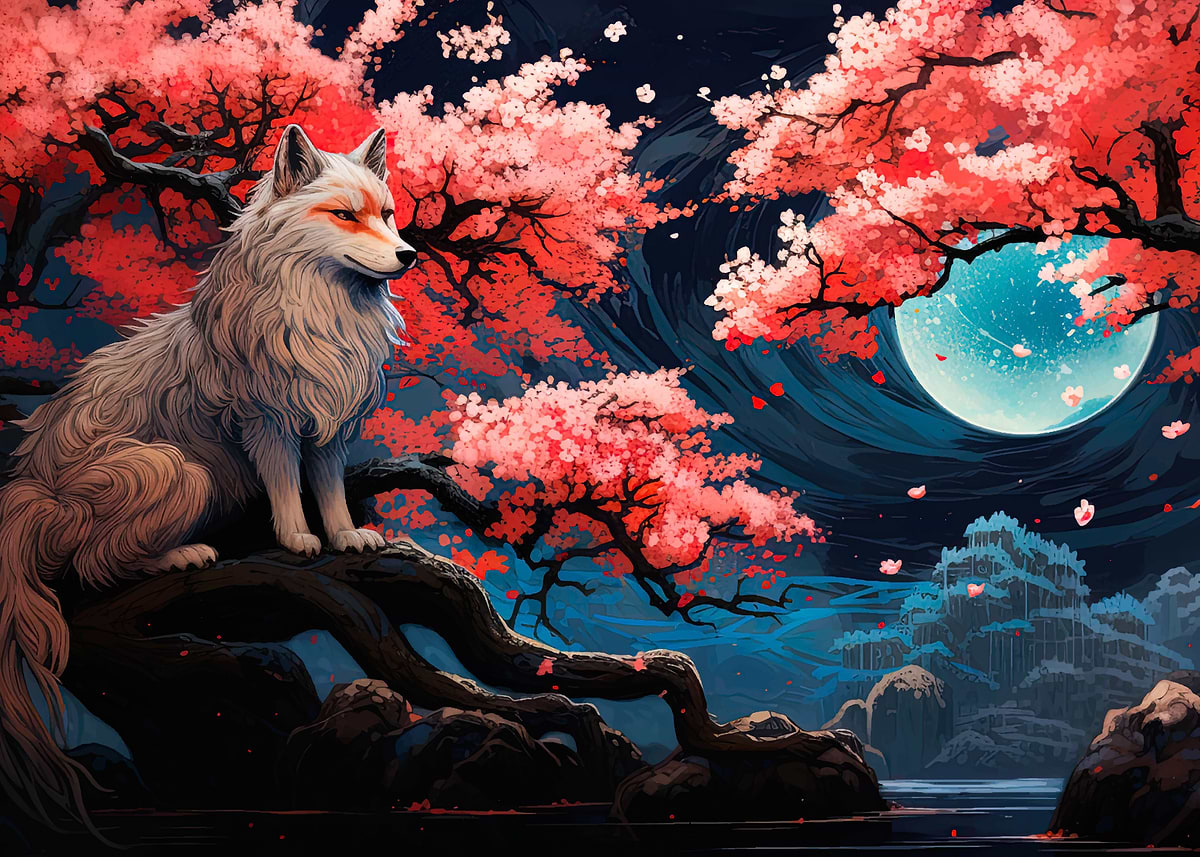'cherry blossom wolf animal' Poster, picture, metal print, paint by ...