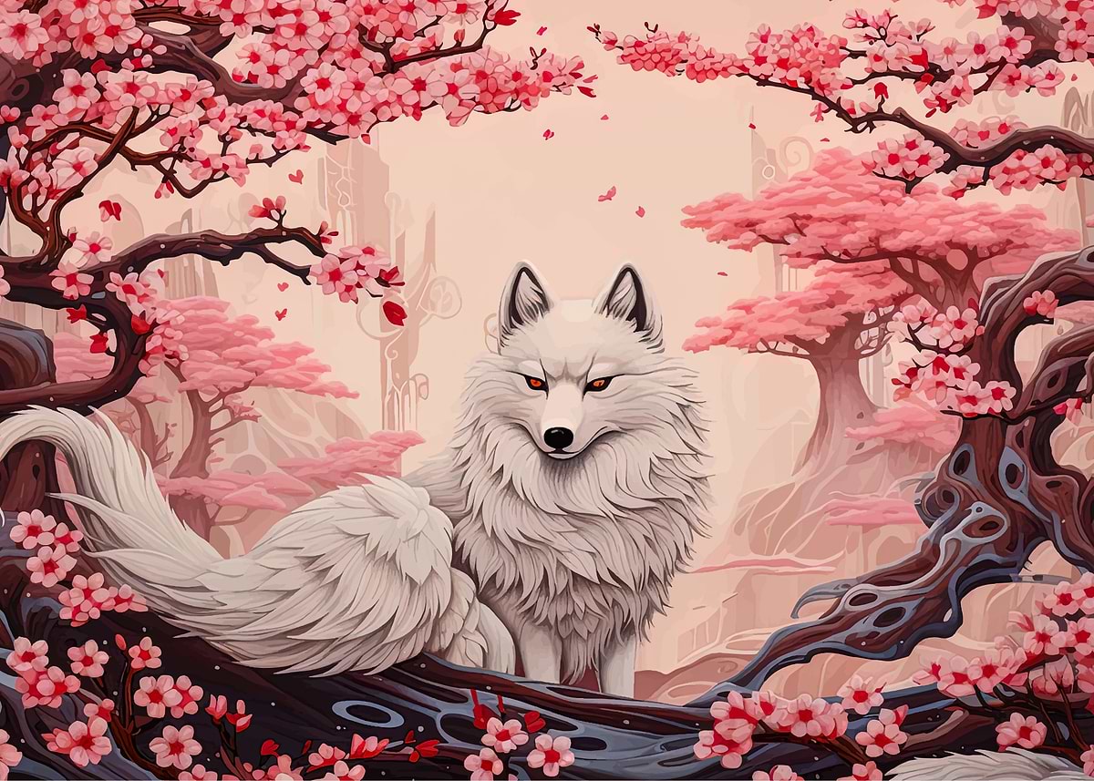 'cherry blossom wolf animal' Poster, picture, metal print, paint by ...