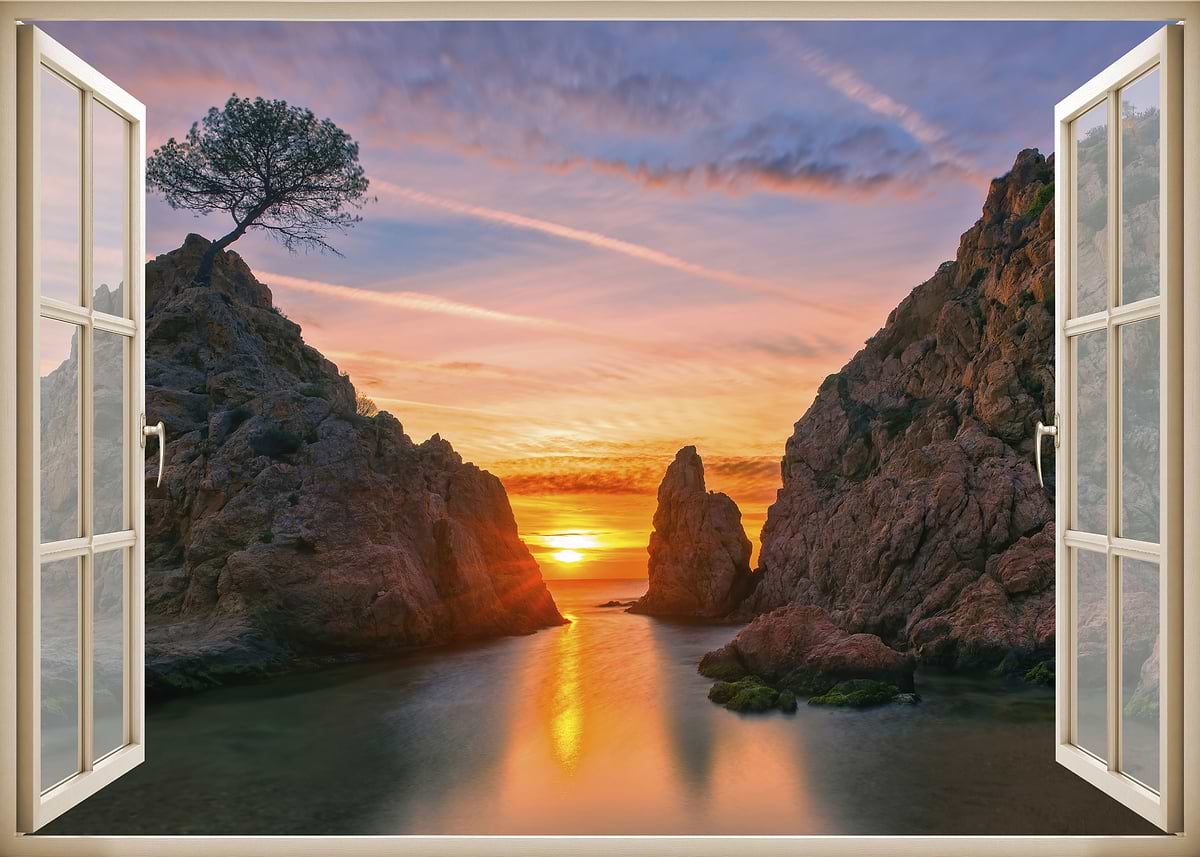 'Window view beach sunset' Poster, picture, metal print, paint by Vicen ...