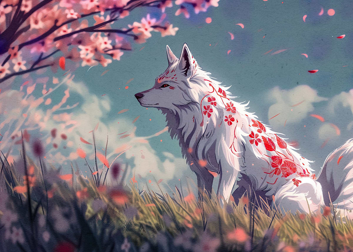 'wolf cherry blossom animal' Poster, picture, metal print, paint by ...