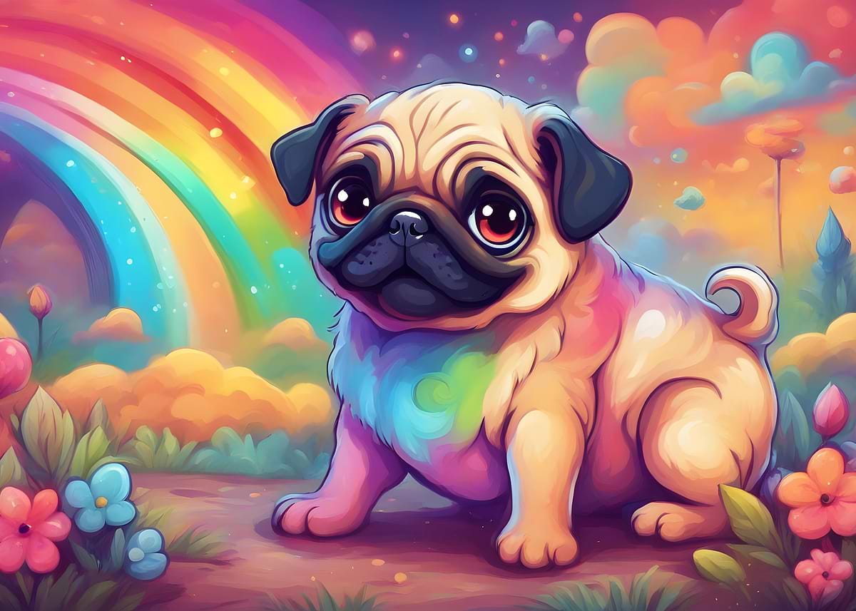 'Pug and Rainbow' Poster, picture, metal print, paint by ALMA Studio ...
